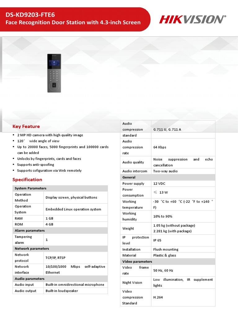 DS KD9203 FTE6 Video Intercom Face Recognition Door Station With 4.3 ...