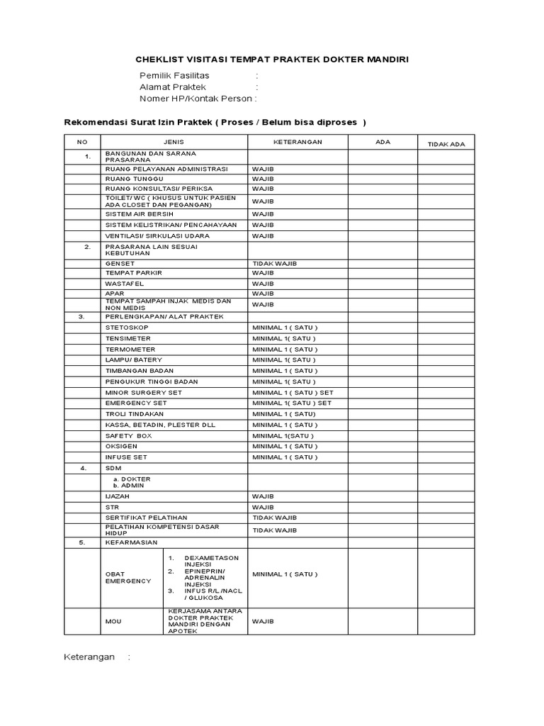 Cheklist Visitasi Tempat Praktek Dokter Mandiri.. | PDF