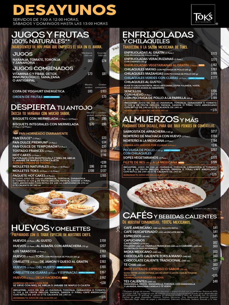 Menú Desayunos Toks 2023 con Precios | PDF | Tortita | ensalada