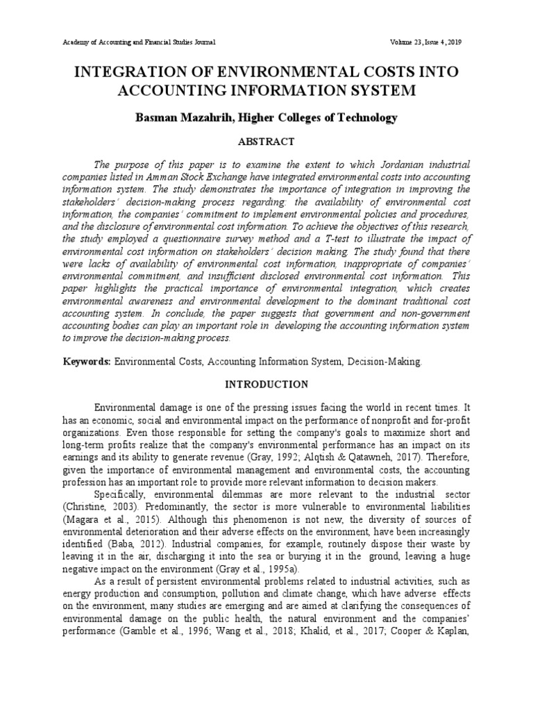 Integration of Environmental Costs Into Accounting Information System | PDF