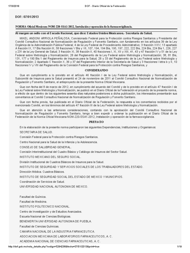 NOM-220-SSA1-2012 Instalacion y Operacion de La Farmacovigilancia | PDF ...