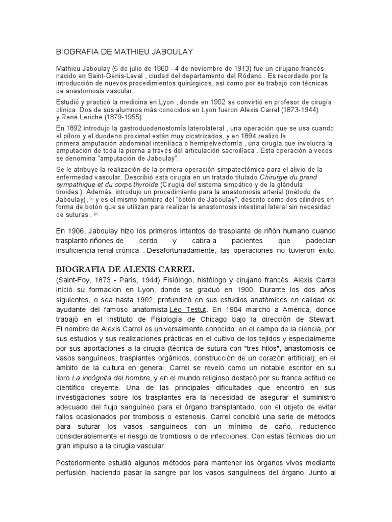 Biografía de Mathieu Jaboulay | PDF | Cirugía | Transplante de organo
