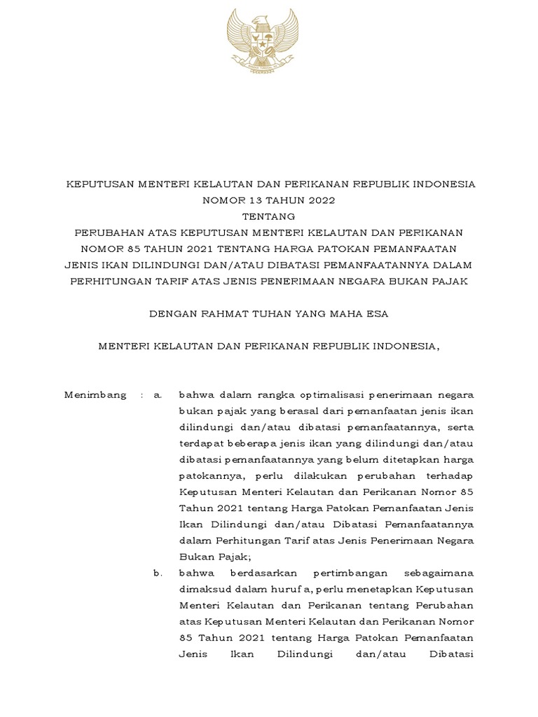 Kepmen KP 13 TH 2022 Perubahan Kepmen KP 85 TH 2021 Hpi | PDF