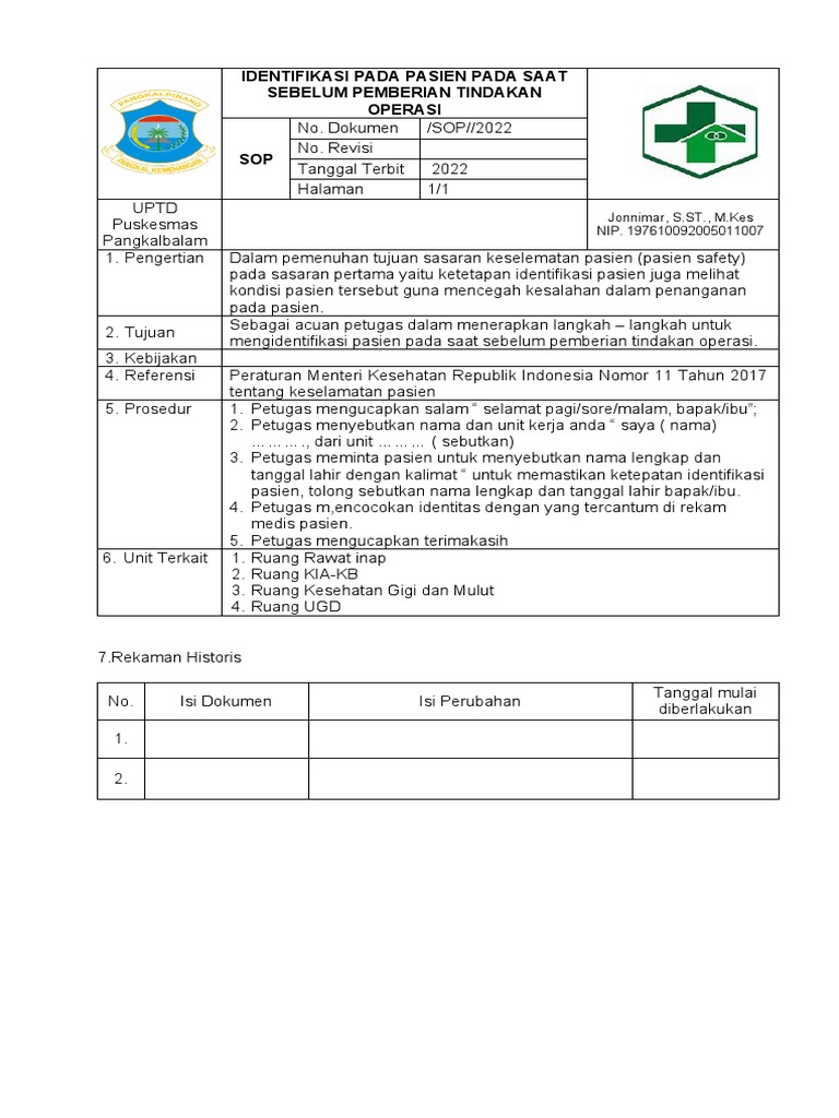 SOP Identifikasi Sebelum Pemberian Tindakan Operasi | PDF | Kesehatan Holistik | Sains & Matematika