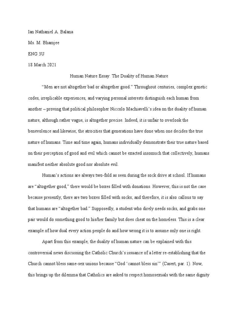 Human Nature Essay The Duality of Human Nature | PDF