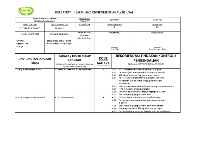 Job Safety, Health and Enviroment Analysis (Jsa) : Kode Bahaya | PDF