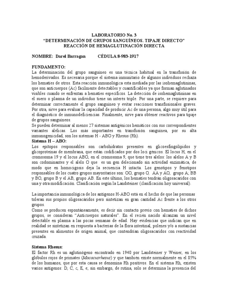Laboratorio N°3. Determinación de Grupos Sanguíneos. Tipaje Directo ...