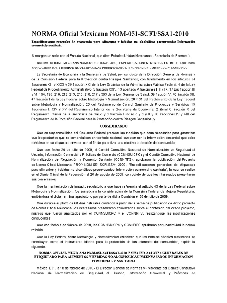 NORMA Oficial Mexicana NOM-051-SCFI-SSA1-2010 | PDF