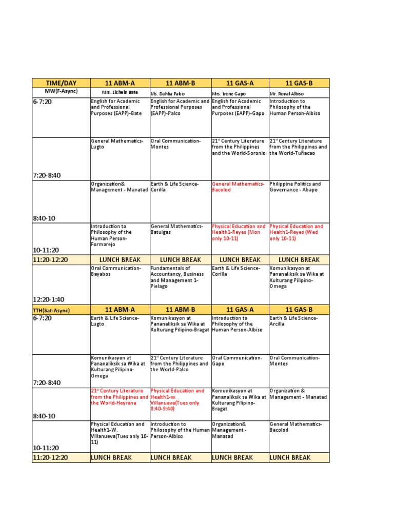 Grade 11 & 12 Class Schedule 2022-2023 | PDF | Science | Cognition