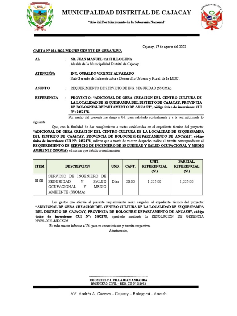 CARTA N°014-2022 Requerimiento SSOMA | PDF CARTA N°014-2022 Requerimiento SSOMA | PDF