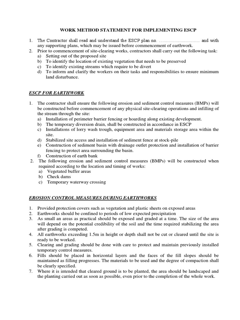 Work Method Statement For Implementing Escp | PDF | Drainage Basin ...