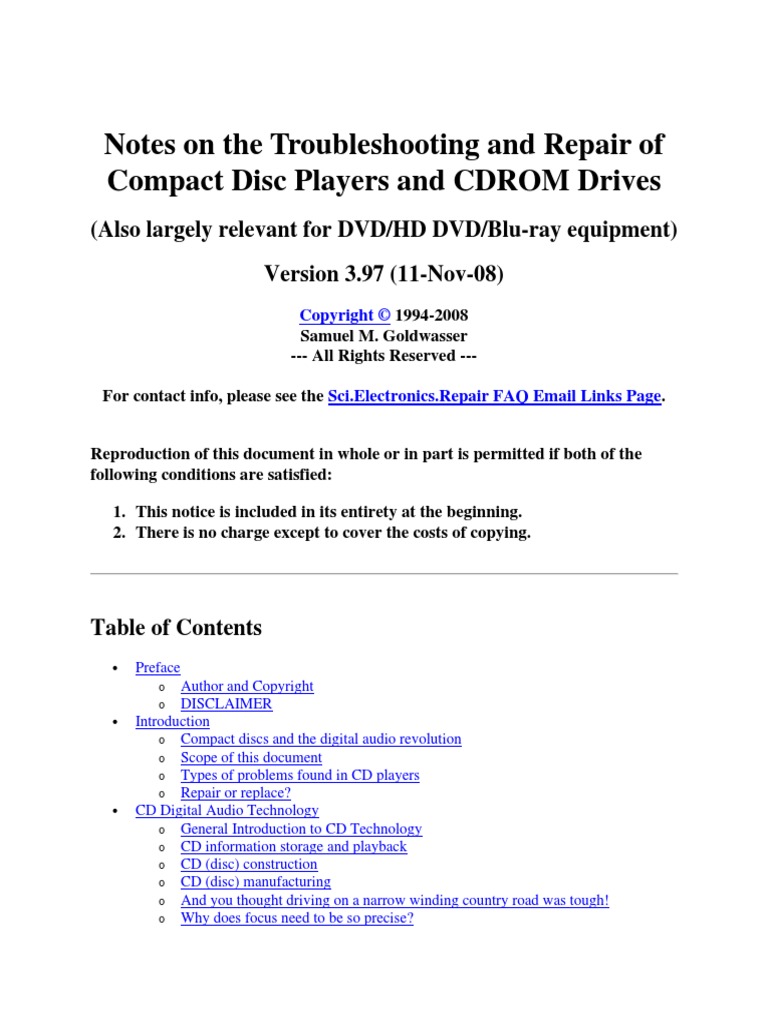 Notes On The Troubleshooting and Repair of Compact Disc Players and ...