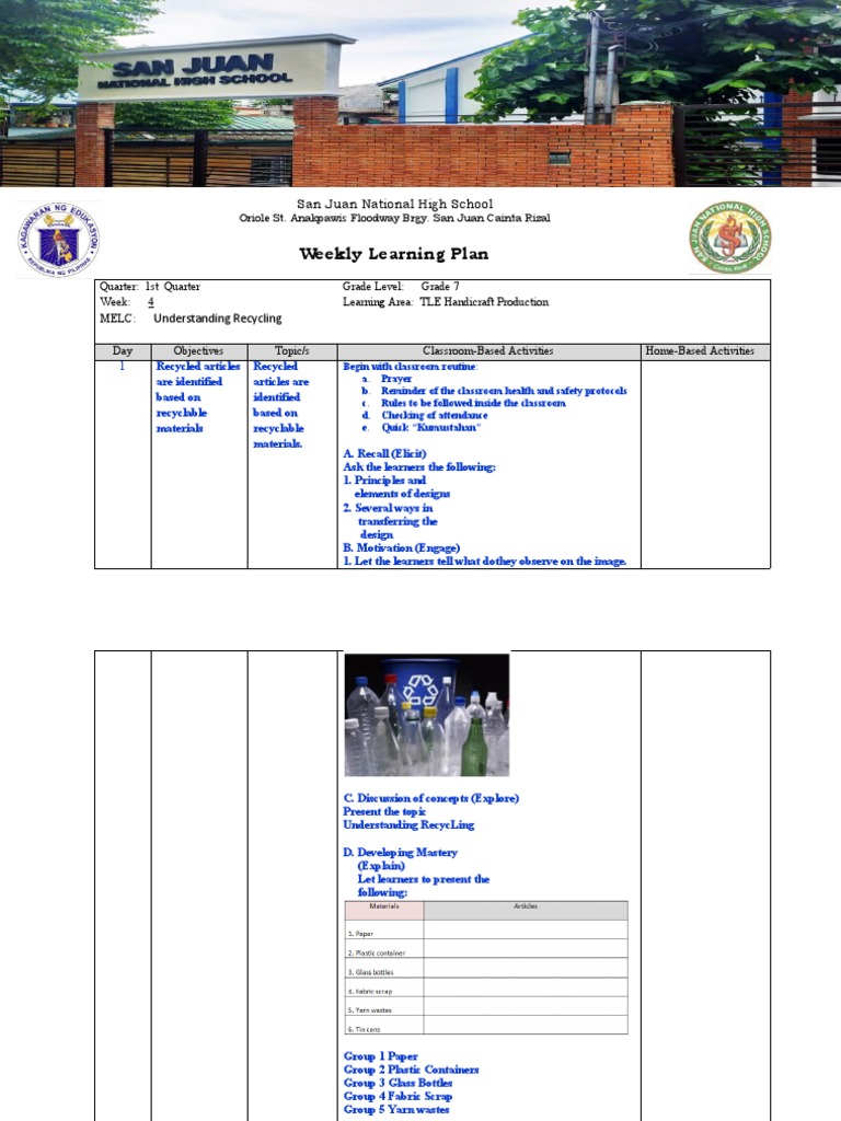 WEEK 4 Weekly Learning Plan | PDF | Recycling | Learning
