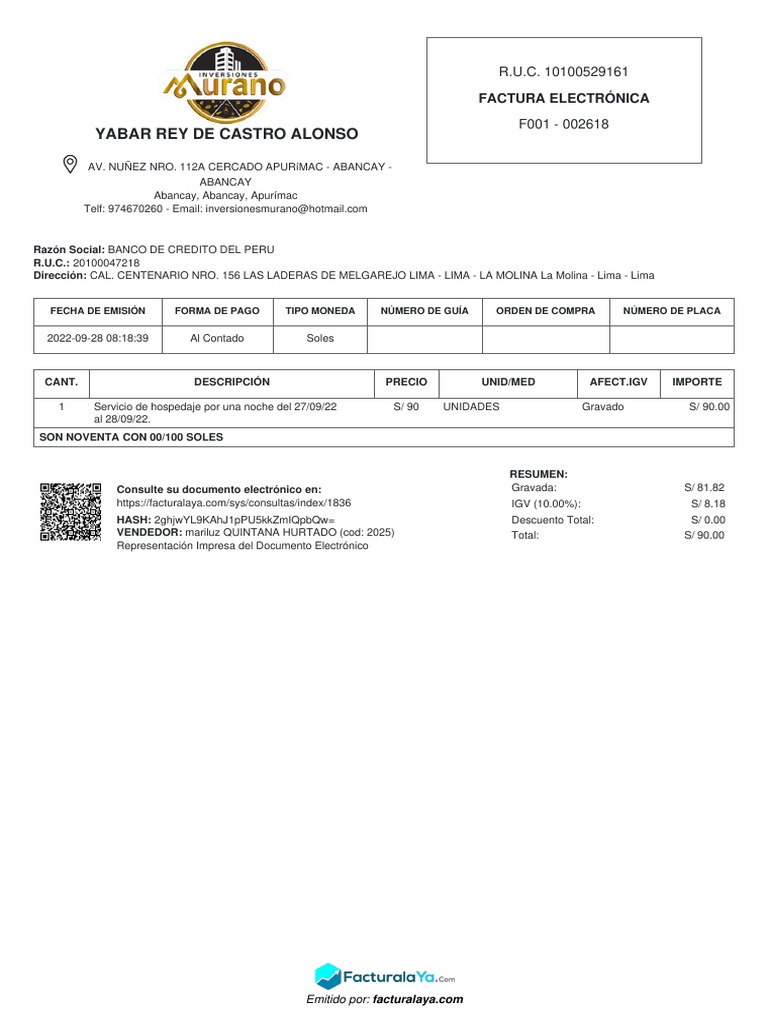 Yabar Rey de Castro Alonso: Factura Electrónica | PDF