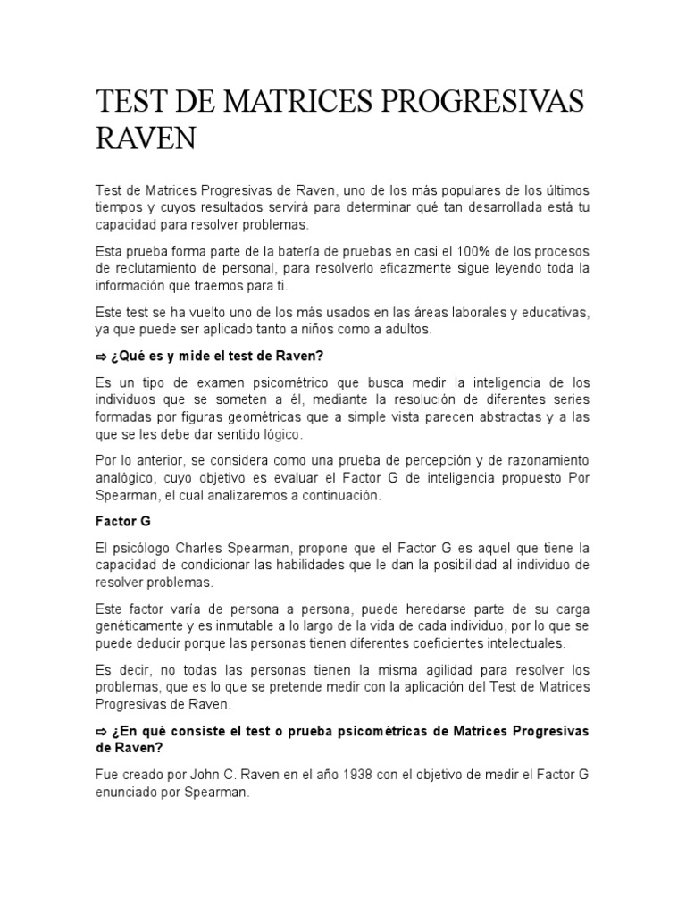 Test de Matrices Progresivas Raven | PDF | Inteligencia | Cociente de ...