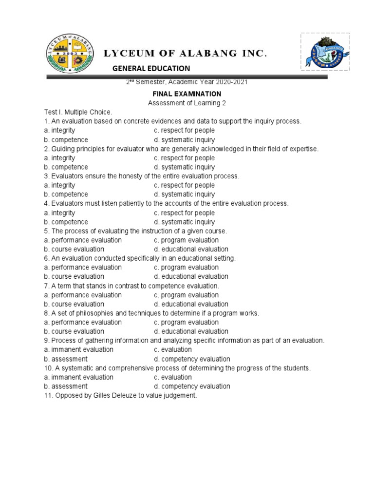 Assessment of Learning 2-FINAL EXAM-2nd Semester | PDF | Evaluation ...
