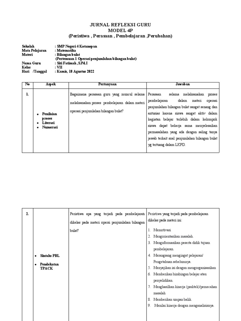 Jurnal Refleksi Guru | PDF