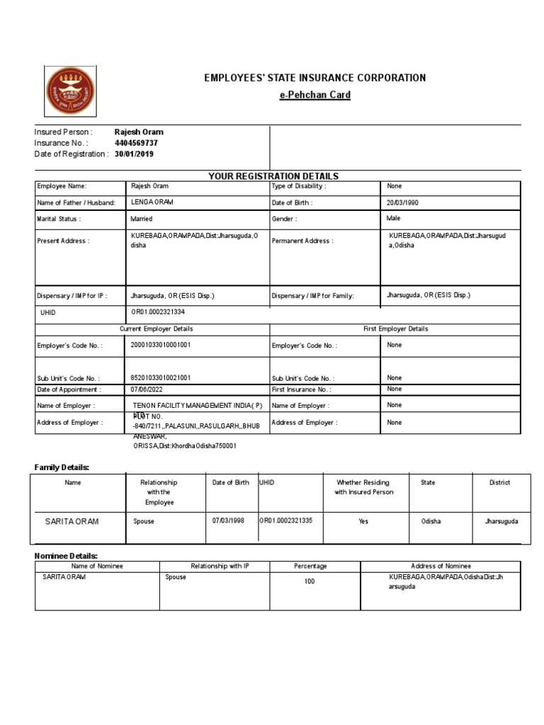 ESIC e-Pehchan Card Registration Details | PDF