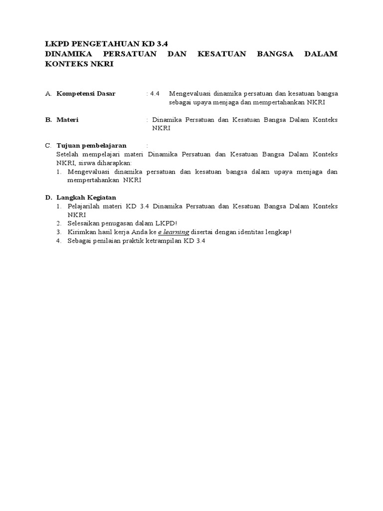 LKPD Pengetahuan KD 3.4 Dinamika Persatuan Dan Kesatuan Bangsa Dalam NKRI | PDF | Politik