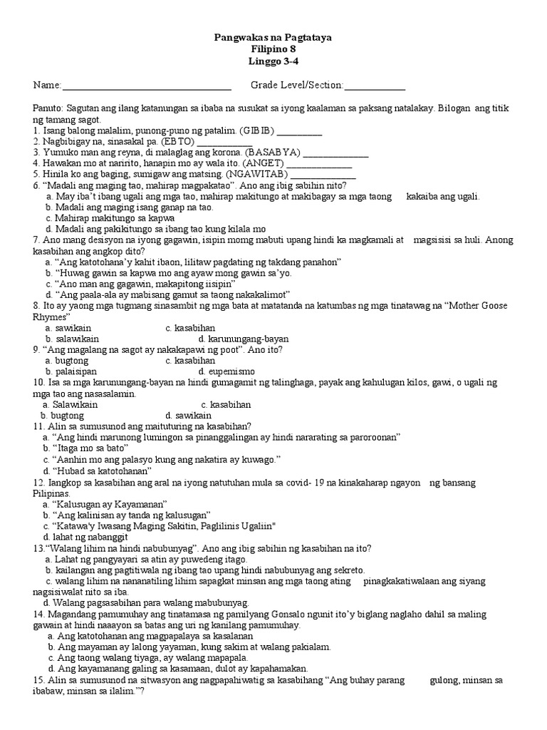 Pangwakas Na Pagtatay1 Filipino 8 Week 3 4 | PDF