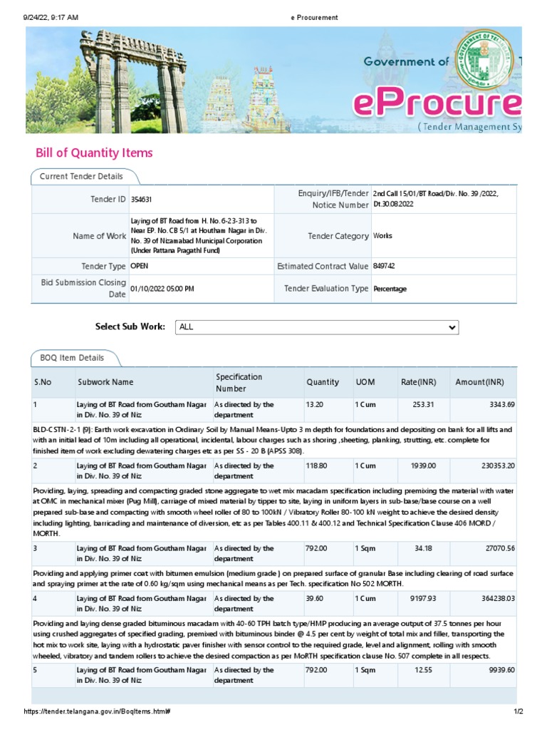 Bill of Quantity and Specifications for the Laying of BT Road from H. No. 6-23-313 to Near EP ...