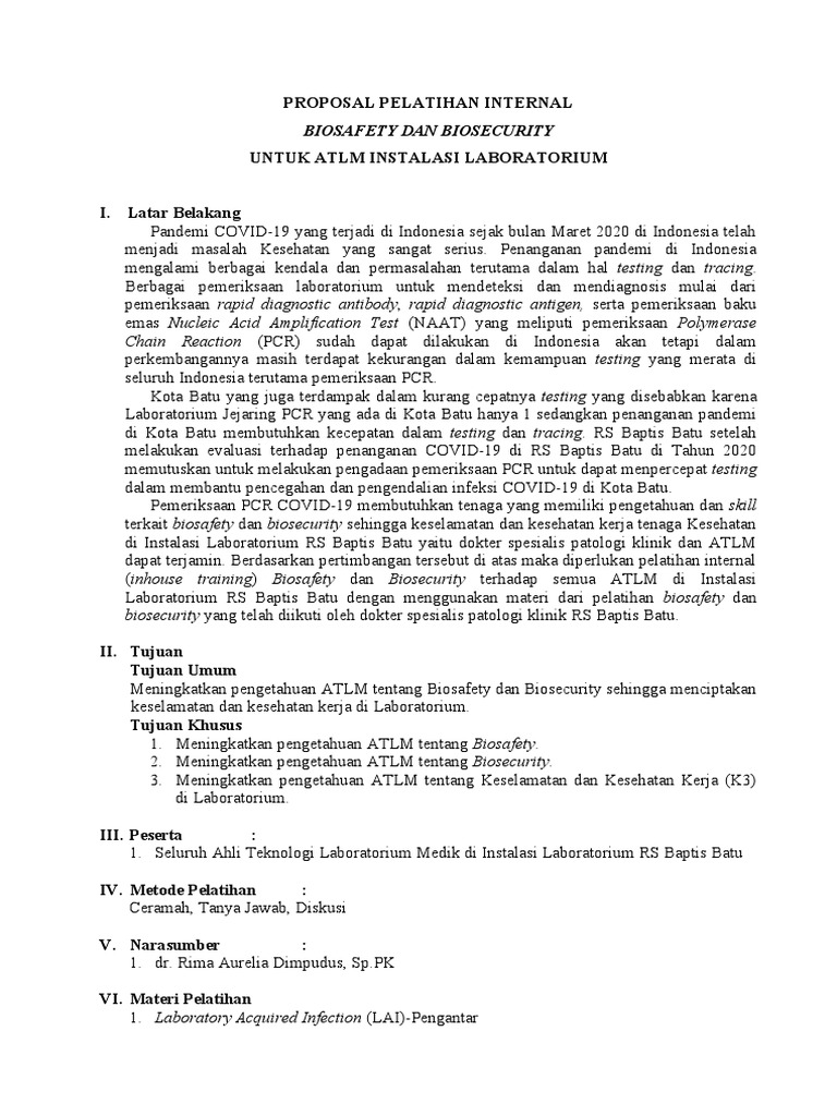 Proposal Pelatihan Internal Biosafety Dan Biosecurity (TTD) | PDF ...
