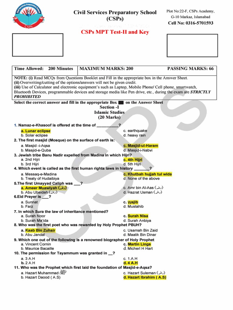 CSPs MPT Test-II and Key | PDF | Muhammad | Mosque