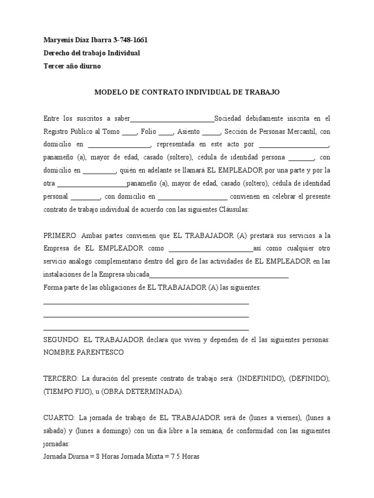 Contrato Individual de Trabajo Individuales | Descargar gratis PDF ...