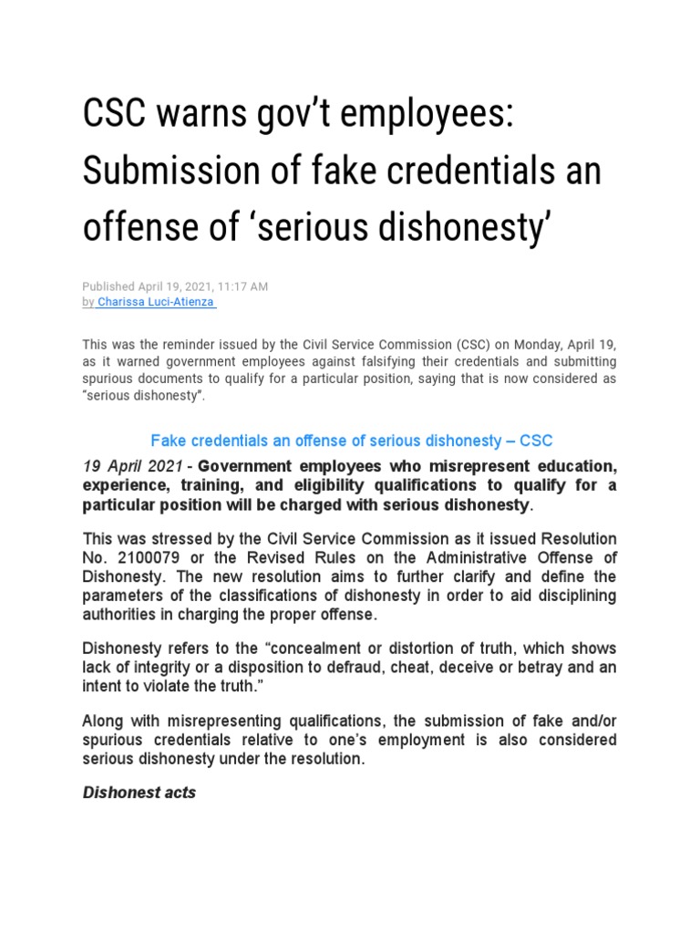 Fake Credentials An Offense of Serious Dishonesty | PDF | Dishonesty | Criminal Law