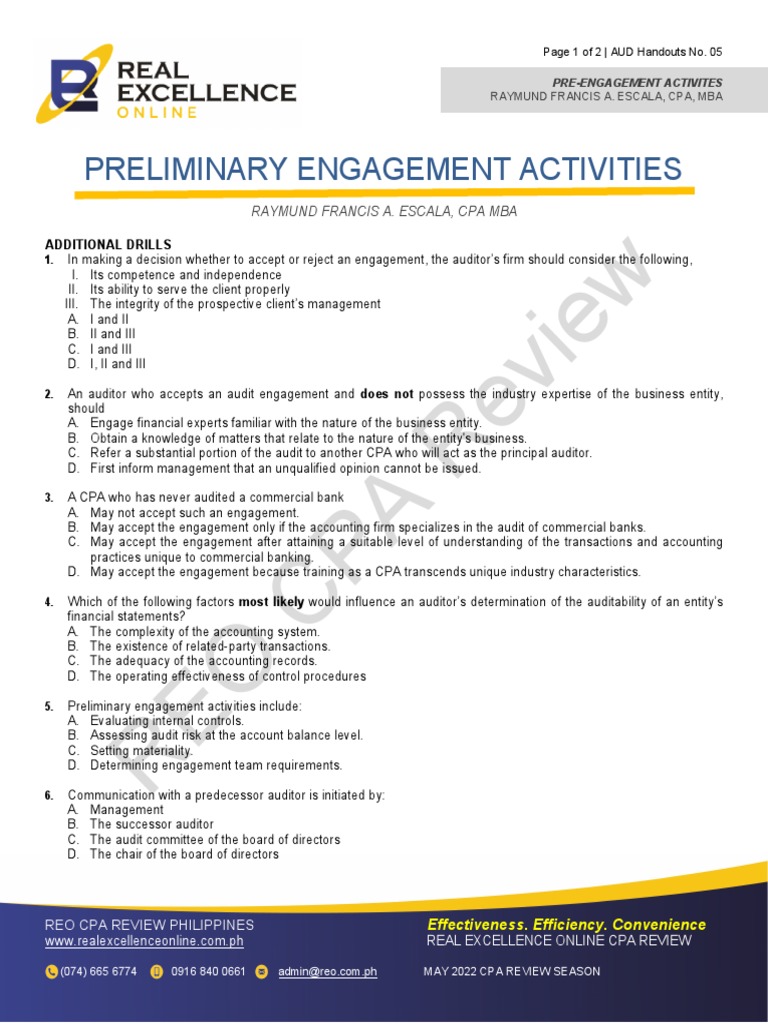 CPA Review: Pre-Engagement Activities | PDF | Financial Audit | Certified Public Accountant
