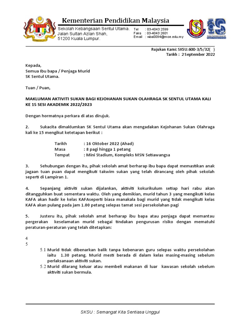 Surat Makluman Aktiviti Sukan NEW | PDF