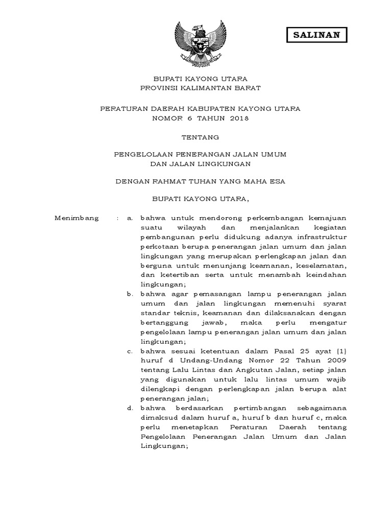 Perda No 6 THN 2018 TTG Pengelolaan Penerangan Jalan Umum Dan Jalan Lingkungan PDF | PDF