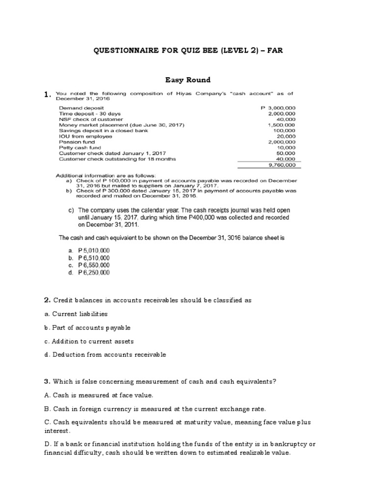 Questionnaire For Quiz Bee Level 2 FAR | PDF | Depreciation | Book Value