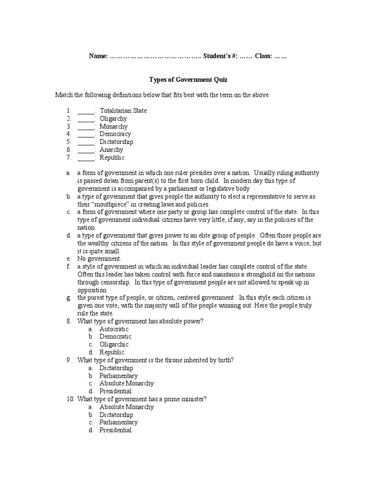 Types of Government Quiz | PDF | Dictatorship | Oligarchy