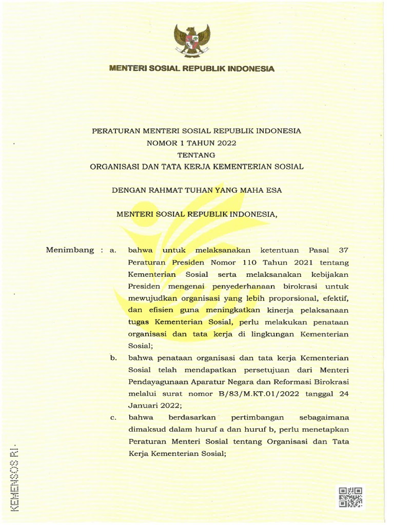 Permensos Otk No 1 Tahun 2022 | PDF