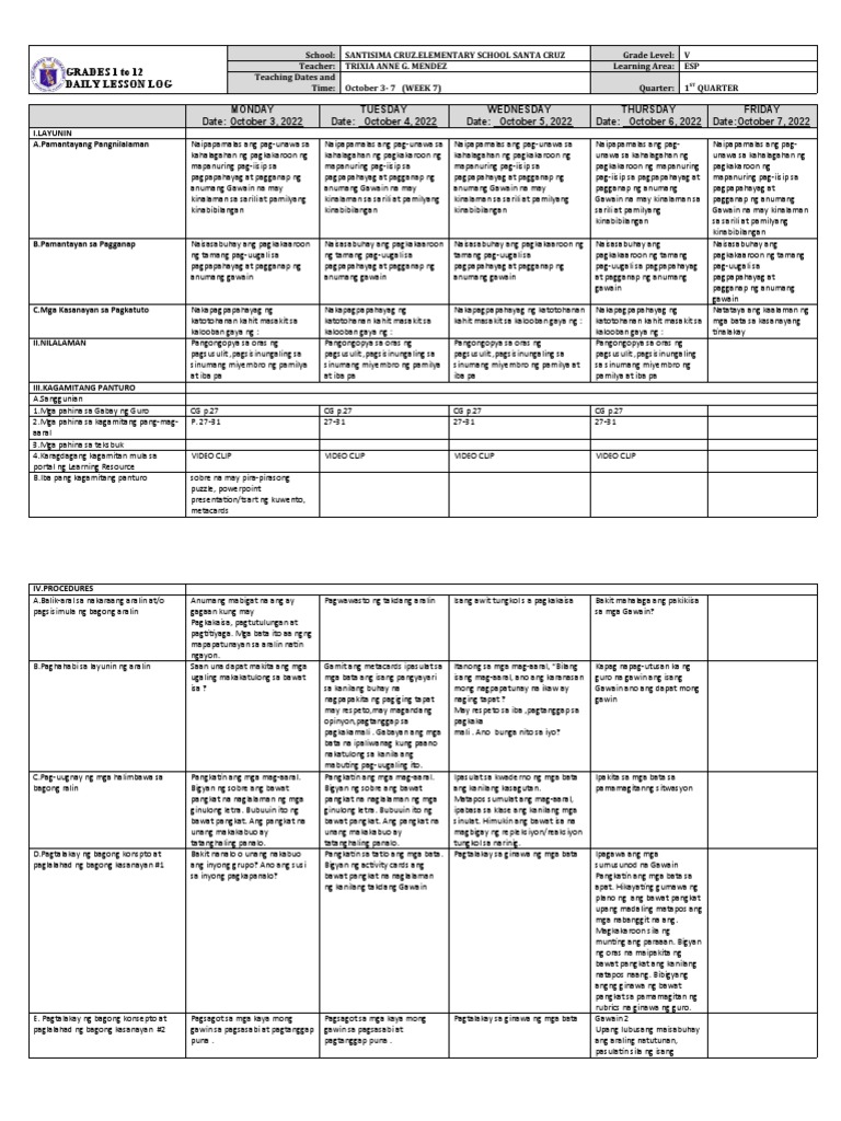 Grade 5 Daily Lesson Plan Esp 5 q1 Week 7 | PDF