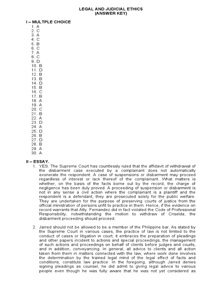 Legal and Judicial Ethics Exam Answers | PDF | Lawyer | Practice Of Law