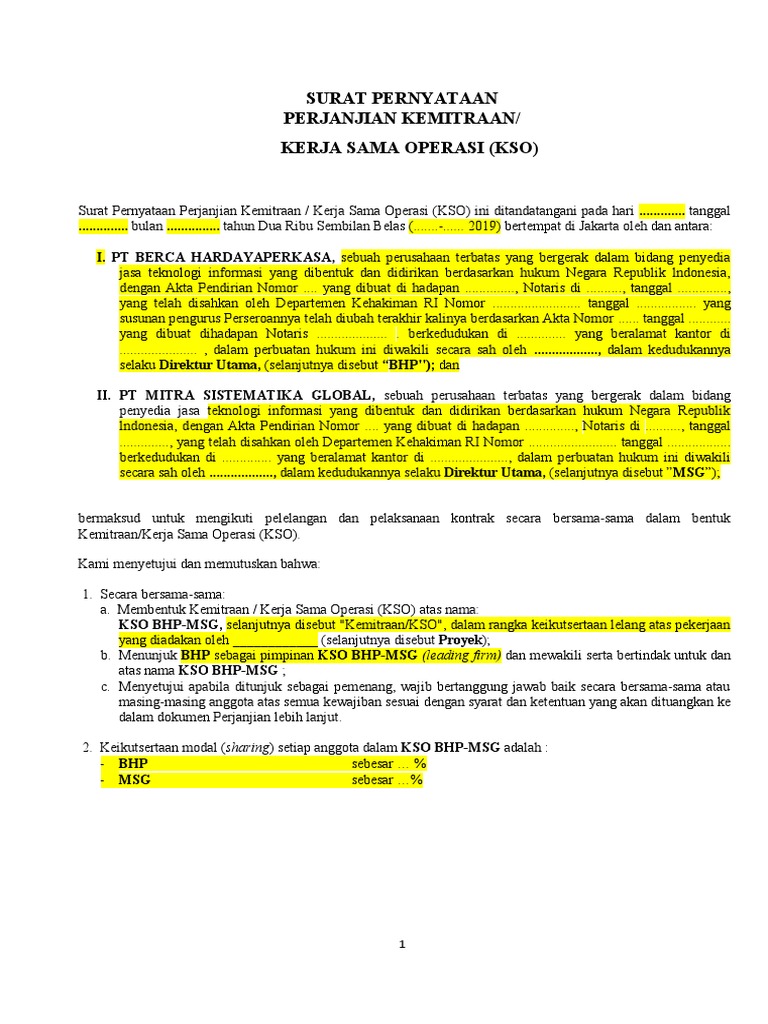 1903-Surat Pernyataan KSO BHP-MSG-Draft ZZ KnS-22032019 | PDF