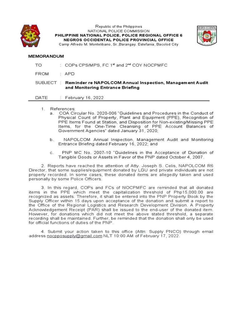 Reminder Re NAPOLCOM Annual Inspection, Management Audit and Monitoring ...