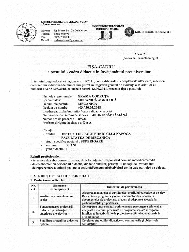 Fisa Cadru A Postului-Cadru Didactic PDF | PDF