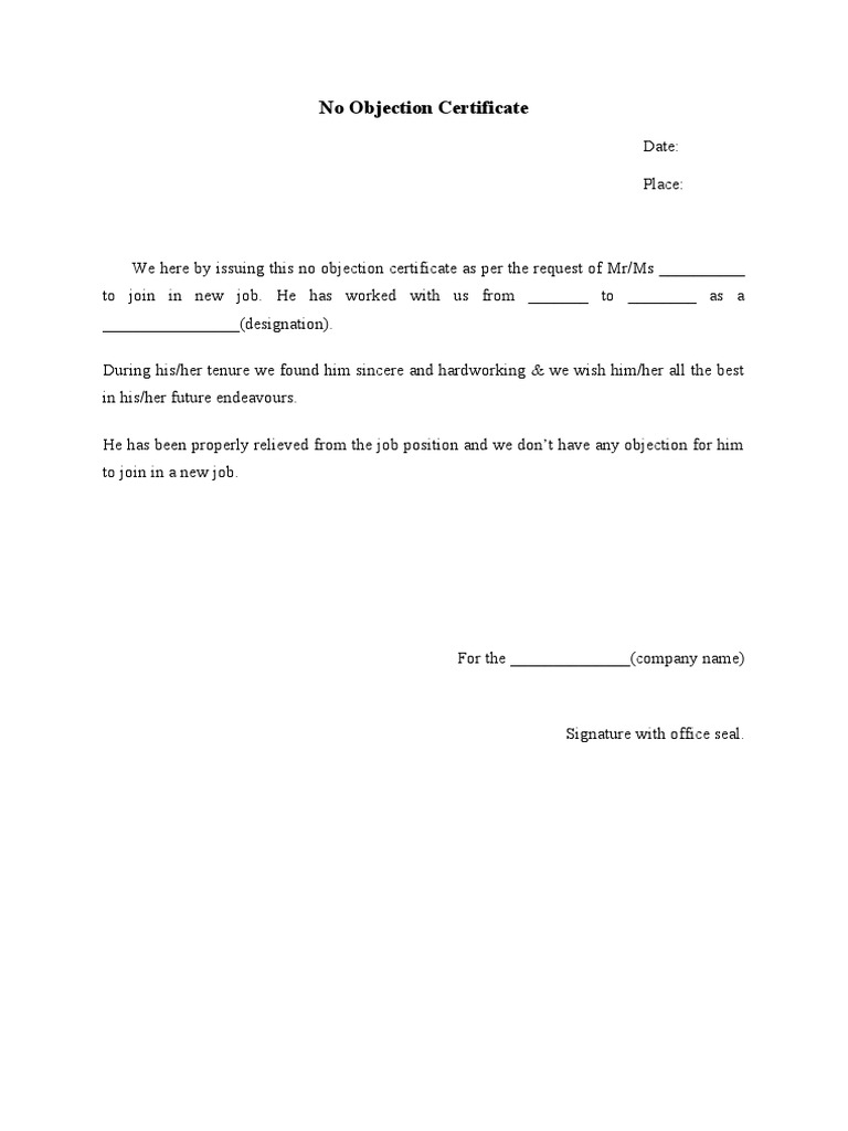 No Objection Certificate Template | PDF
