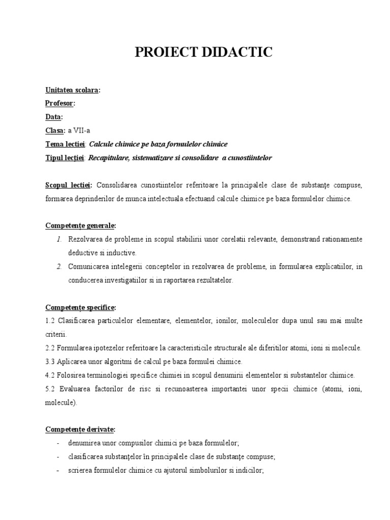 Proiect Didactic Recapitulare Calcule Chimice | PDF