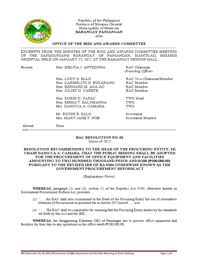 BAC Resolution No. 01-2022 (SK Office Equipment) | PDF | Public Law ...