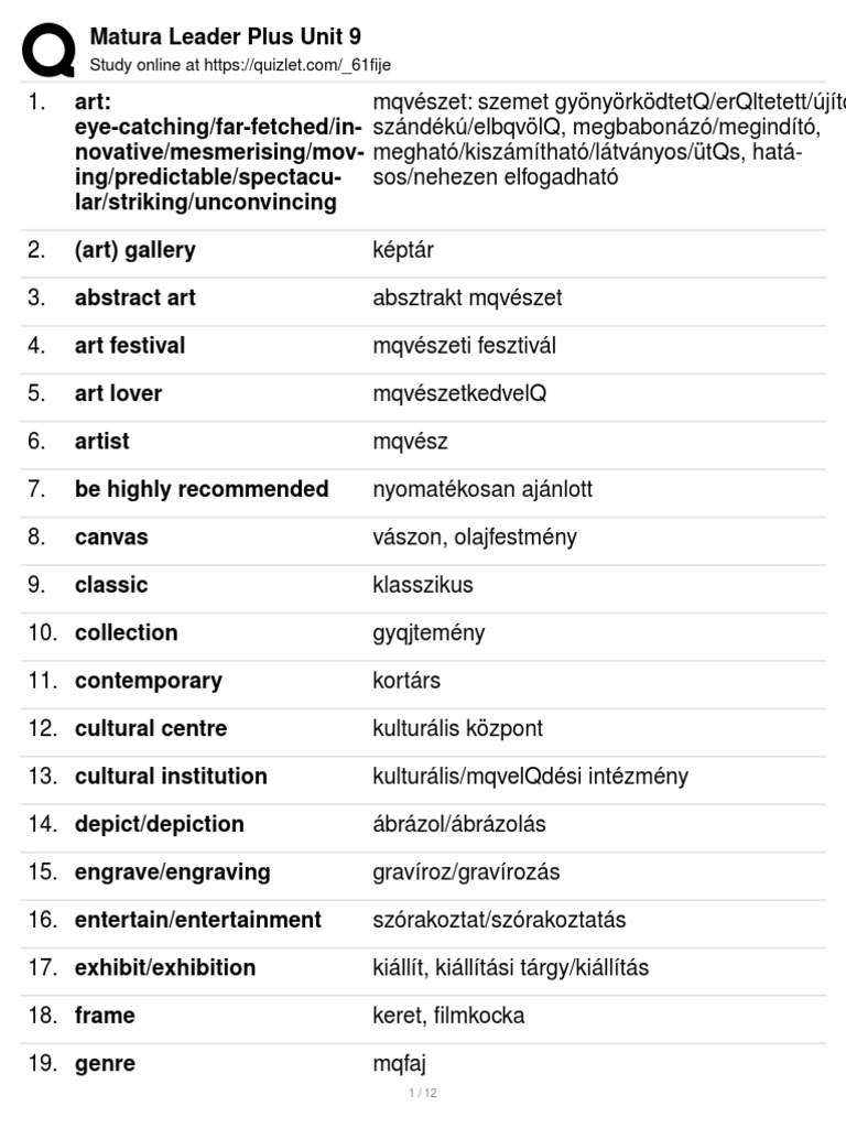 Matura Leader Plus Unit 9 Szokincsek | PDF