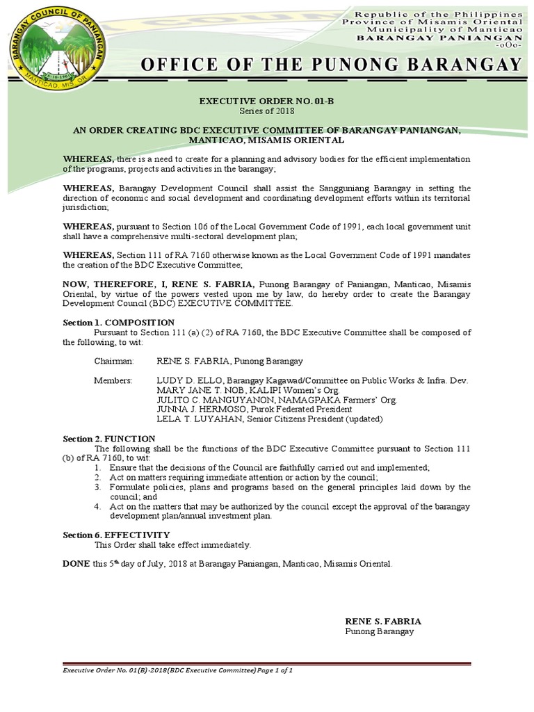 EO NO. 01 (B) - 2018 (BDC-Execom) Updated | Download Free PDF | Governance | Public Law
