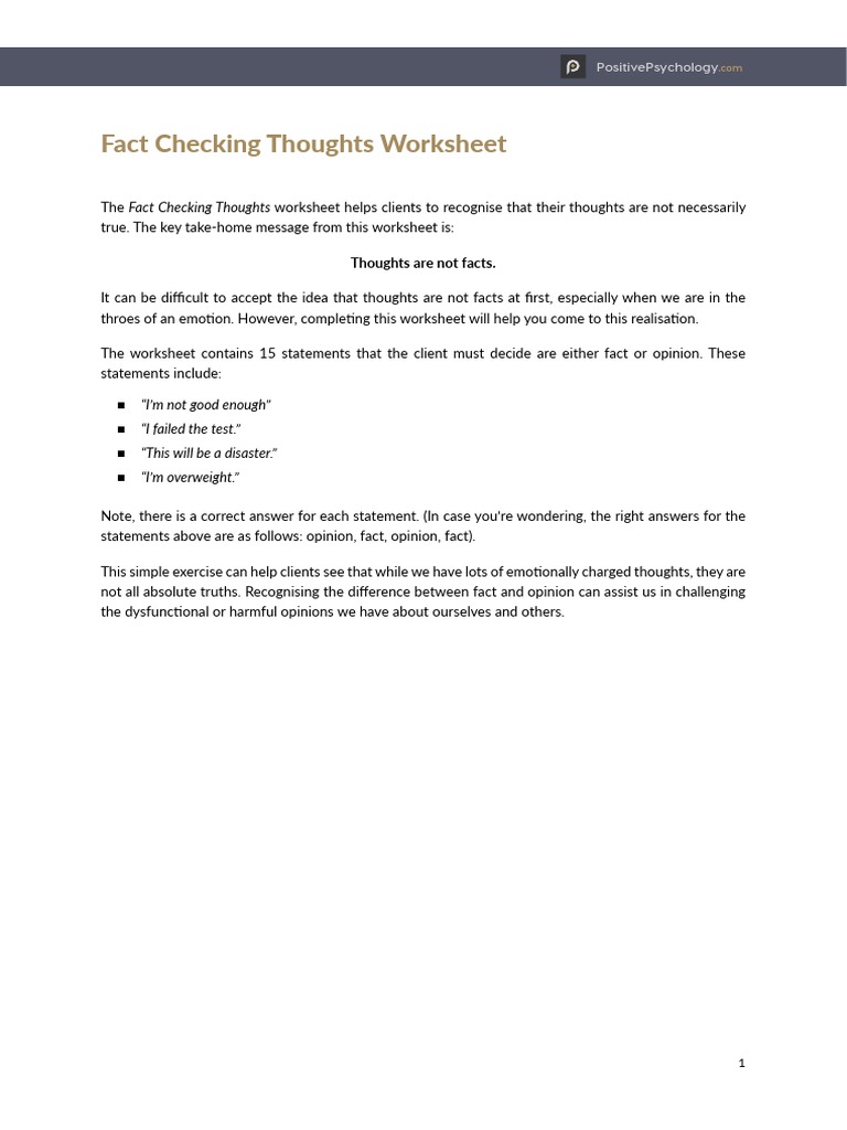 Fact Checking Thoughts Worksheet | PDF