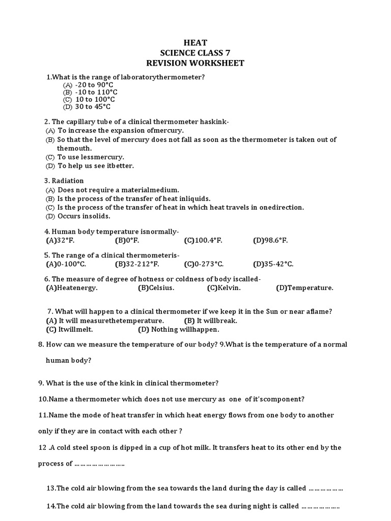 Heat Science Class 7 Revision Worksheet: (A) (B) (C) (D) (A) (B) (C) (D ...