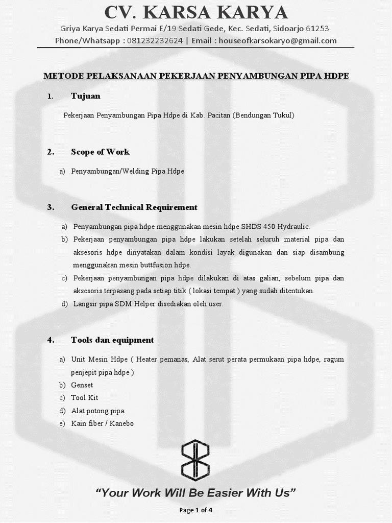 Metode Pelaksanaan Pekerjaan Pipa Hdpe 18inch Bendungan Tukul Pacitan | PDF