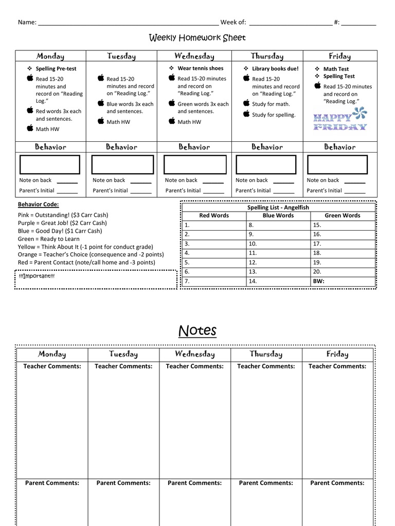 Weekly Homework Sheet | PDF