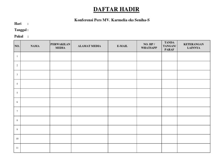 Daftar Hadir Konferensi Pers MV - Karmelia Eks Seniha-S | PDF